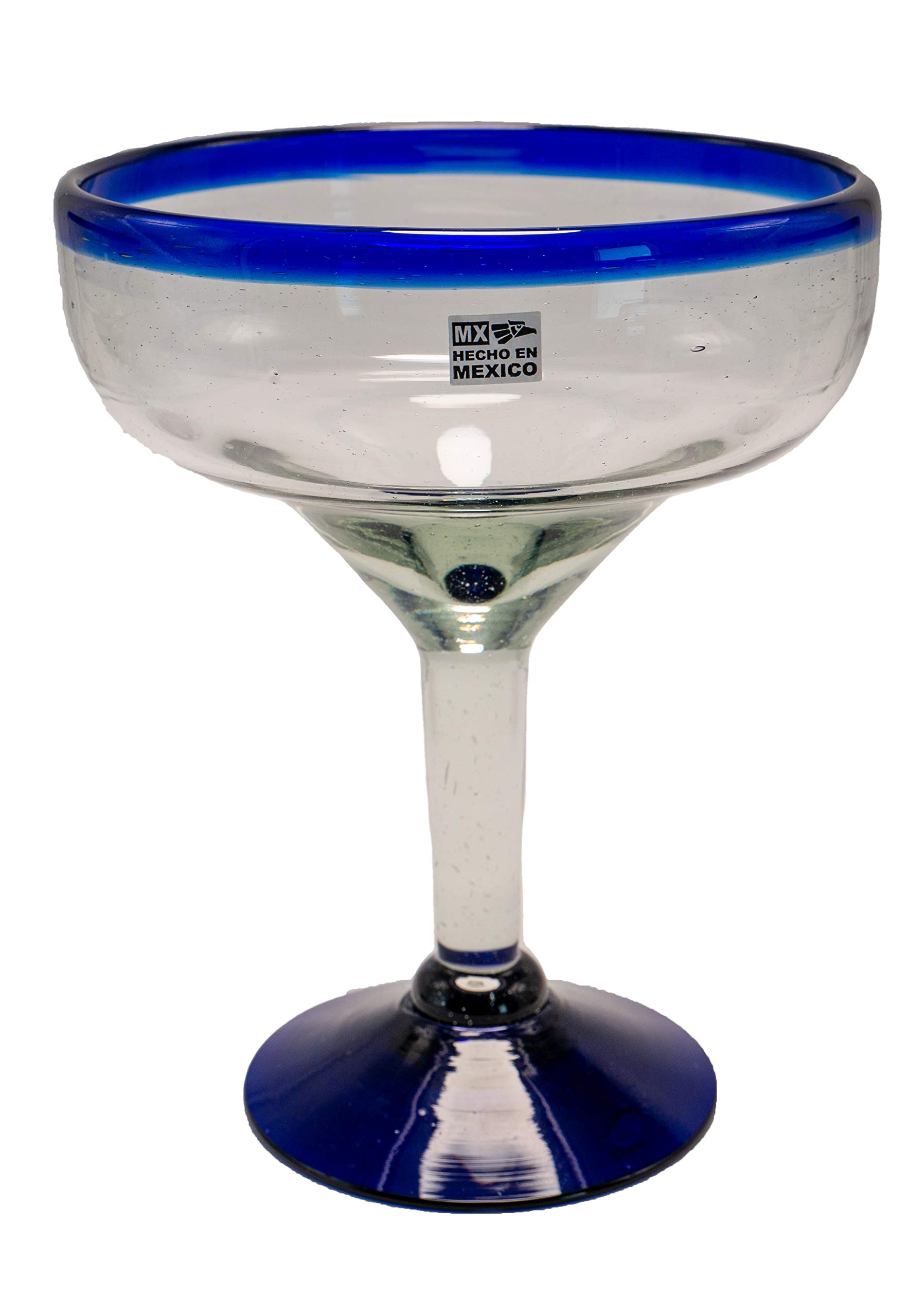 EMPORION Set of 4 Hand-Blown Margarita Glasses from Mexico with Cobalt Blue Rim - Rustic & Handcrafted Recycled Bubble Glass Drinking Glassware - 14 Oz