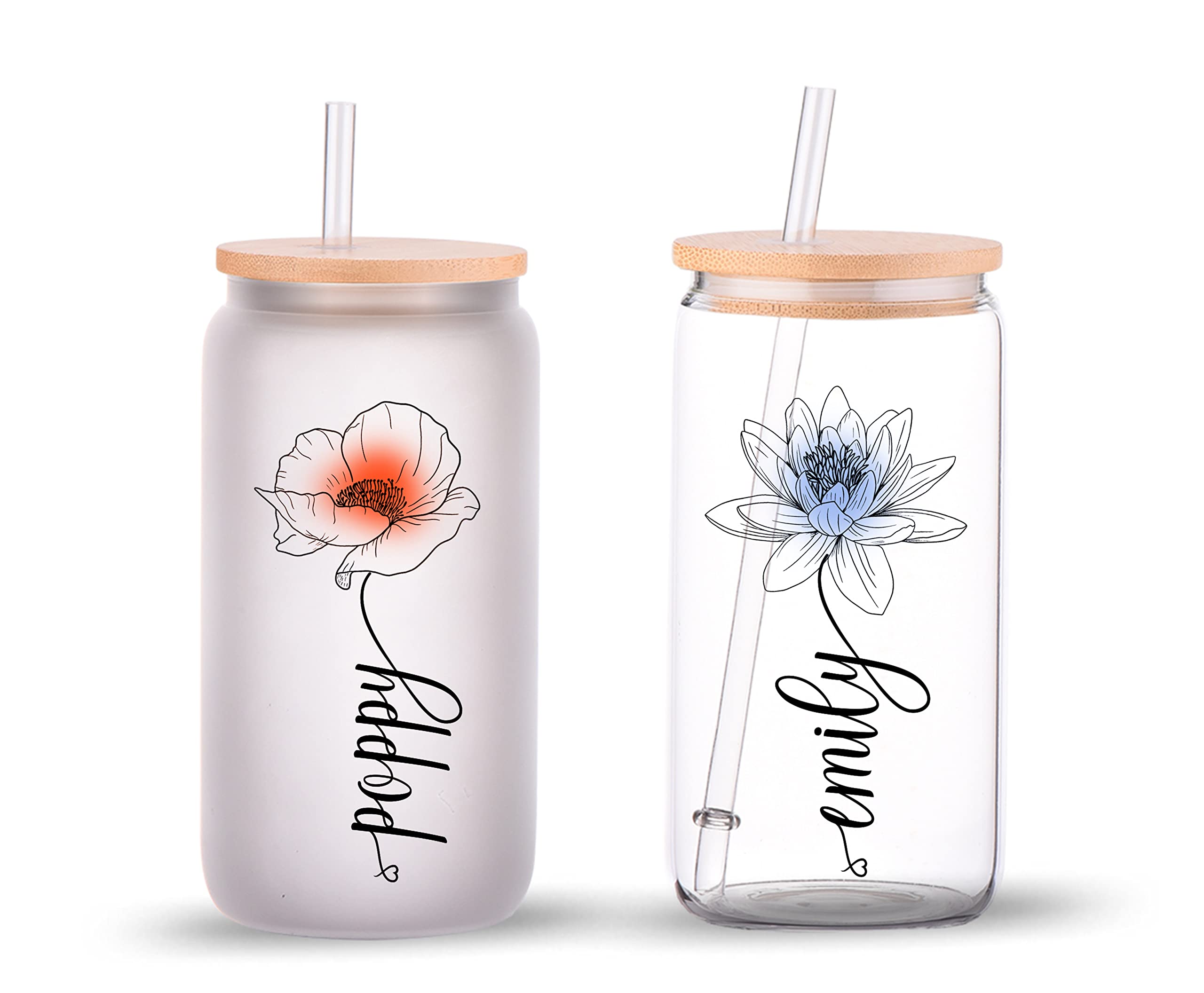 Grifil Zero Birth Month Flower Glass Tumbler, Frosted Glass Tumbler, Bamboo Lid Coffee Cup, Horoscope Birth Month Floral Design, Birthday Flower