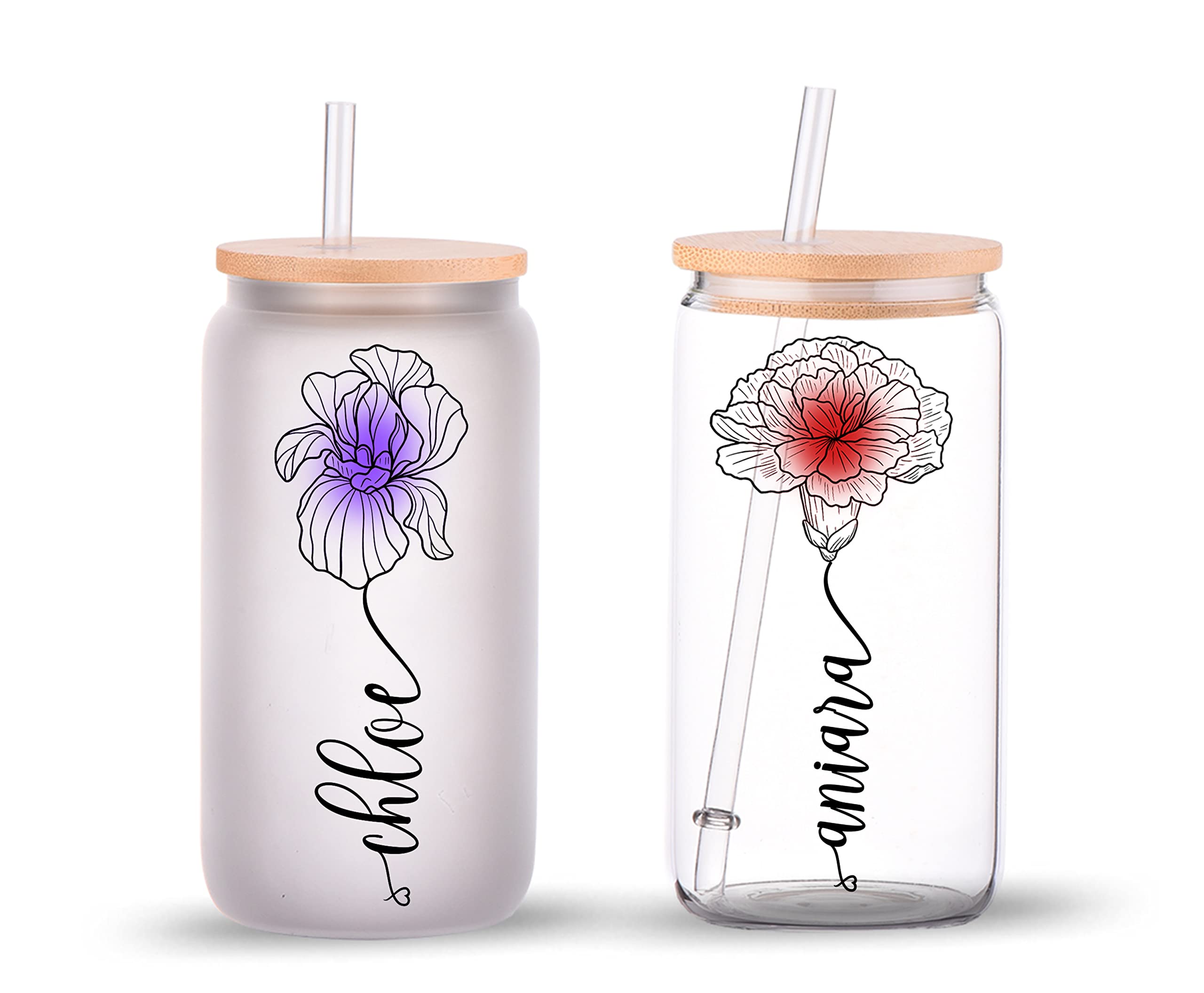 Grifil Zero Birth Month Flower Glass Tumbler, Frosted Glass Tumbler, Bamboo Lid Coffee Cup, Horoscope Birth Month Floral Design, Birthday Flower