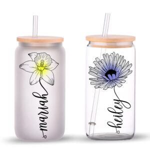 Grifil Zero Birth Month Flower Glass Tumbler, Frosted Glass Tumbler, Bamboo Lid Coffee Cup, Horoscope Birth Month Floral Design, Birthday Flower