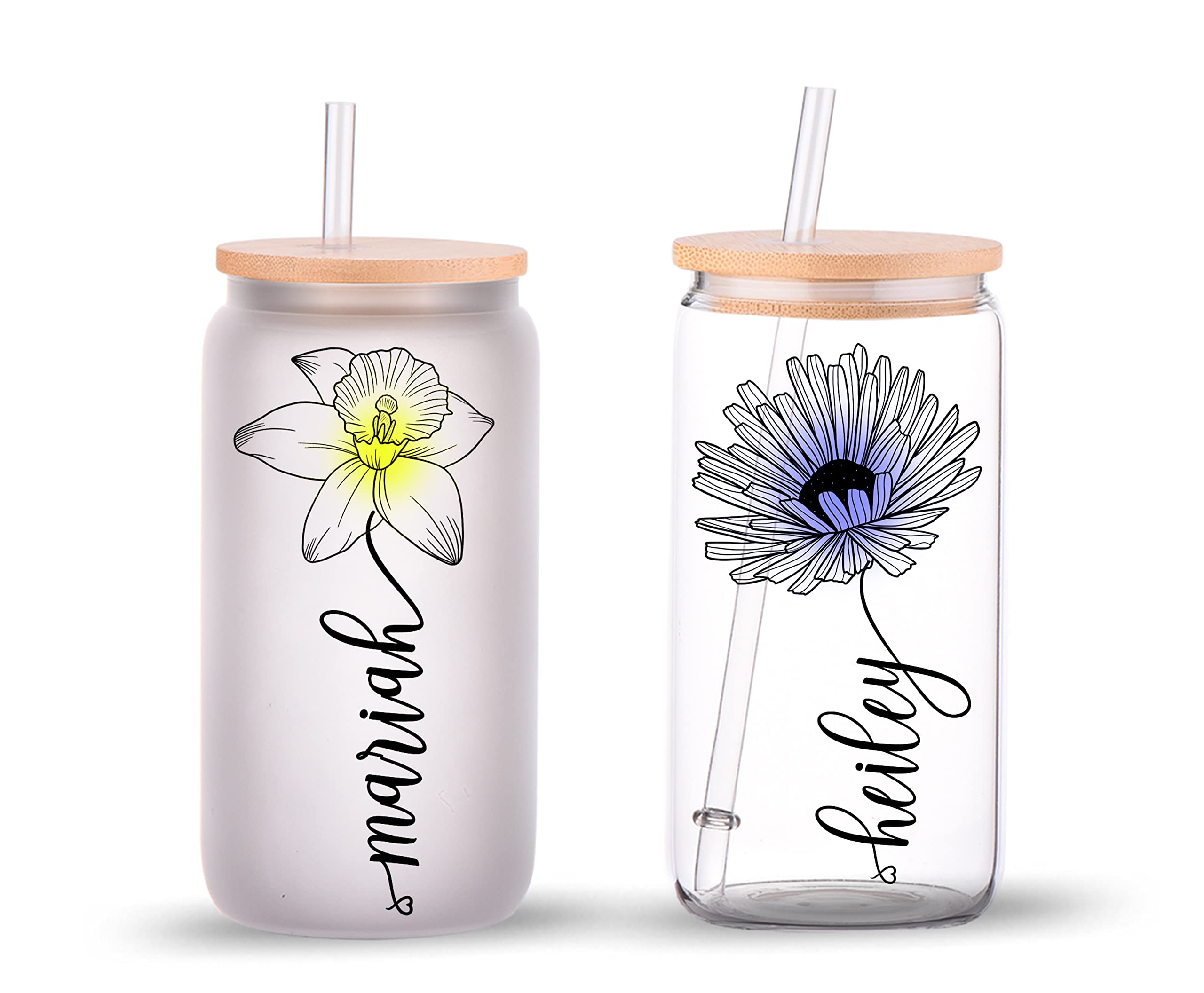 Grifil Zero Birth Month Flower Glass Tumbler, Frosted Glass Tumbler, Bamboo Lid Coffee Cup, Horoscope Birth Month Floral Design, Birthday Flower