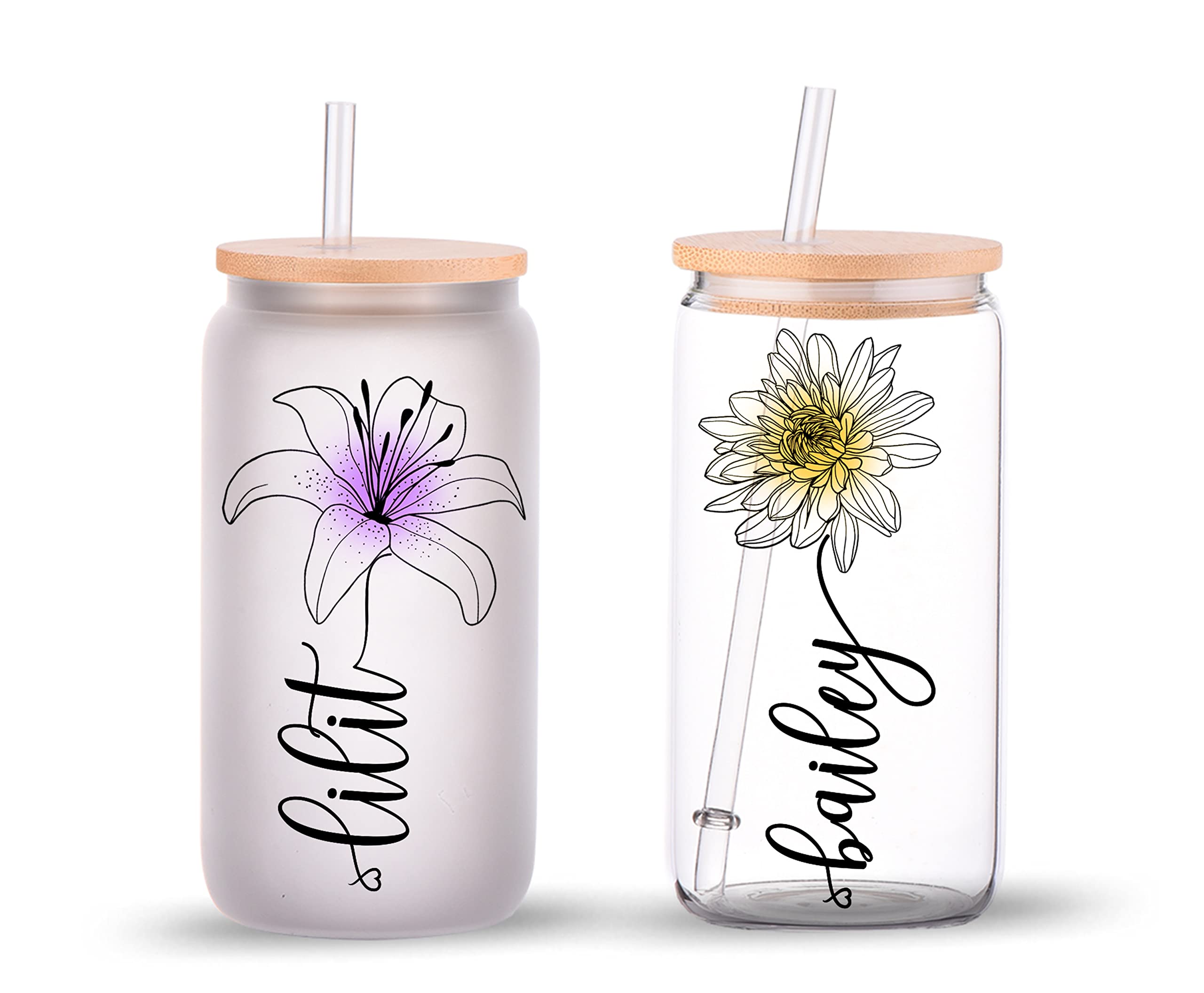 Grifil Zero Birth Month Flower Glass Tumbler, Frosted Glass Tumbler, Bamboo Lid Coffee Cup, Horoscope Birth Month Floral Design, Birthday Flower