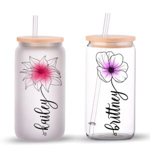 Grifil Zero Birth Month Flower Glass Tumbler, Frosted Glass Tumbler, Bamboo Lid Coffee Cup, Horoscope Birth Month Floral Design, Birthday Flower