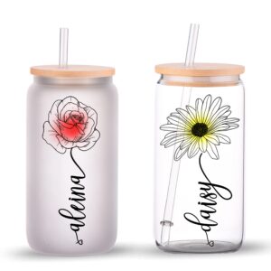 Grifil Zero Birth Month Flower Glass Tumbler, Frosted Glass Tumbler, Bamboo Lid Coffee Cup, Horoscope Birth Month Floral Design, Birthday Flower