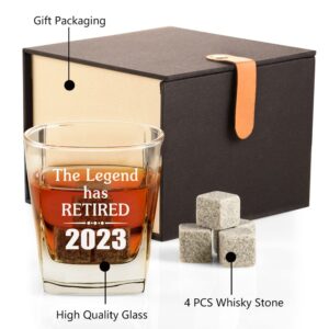 2023 Retirement Gifts for Men, Funny 2023 The Legend Has Retired Whiskey Glass and Stone Gift Set, Happy Retirement Gifts for Office Coworkers, Boss, Husband, Dad, Brother, Friends 12OZ