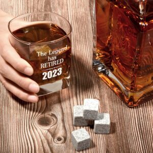 2023 Retirement Gifts for Men, Funny 2023 The Legend Has Retired Whiskey Glass and Stone Gift Set, Happy Retirement Gifts for Office Coworkers, Boss, Husband, Dad, Brother, Friends 12OZ