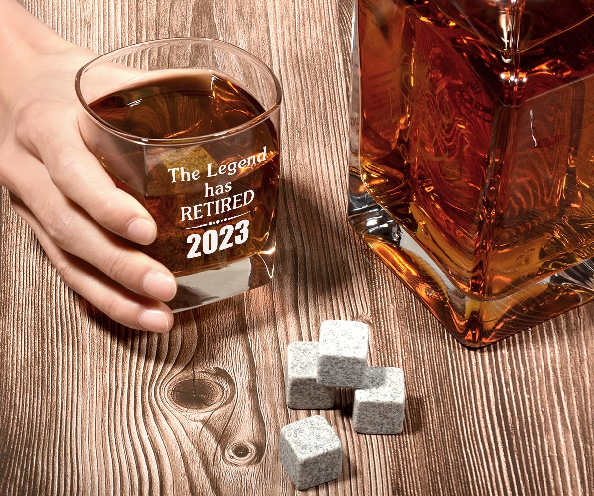 2023 Retirement Gifts for Men, Funny 2023 The Legend Has Retired Whiskey Glass and Stone Gift Set, Happy Retirement Gifts for Office Coworkers, Boss, Husband, Dad, Brother, Friends 12OZ