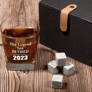 2023 Retirement Gifts for Men, Funny 2023 The Legend Has Retired Whiskey Glass and Stone Gift Set, Happy Retirement Gifts for Office Coworkers, Boss, Husband, Dad, Brother, Friends 12OZ