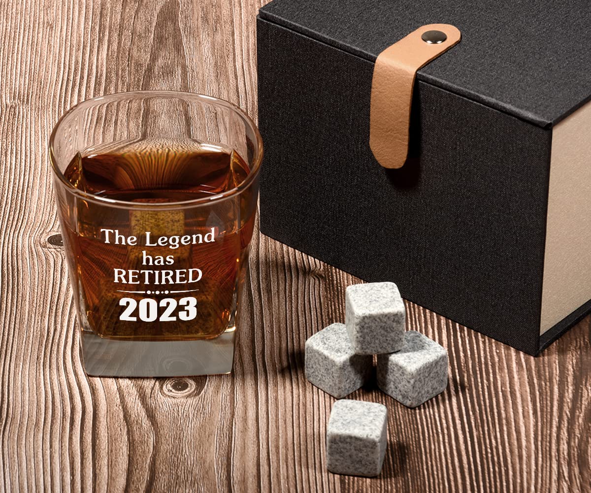 2023 Retirement Gifts for Men, Funny 2023 The Legend Has Retired Whiskey Glass and Stone Gift Set, Happy Retirement Gifts for Office Coworkers, Boss, Husband, Dad, Brother, Friends 12OZ