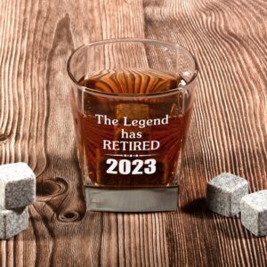 2023 Retirement Gifts for Men, Funny 2023 The Legend Has Retired Whiskey Glass and Stone Gift Set, Happy Retirement Gifts for Office Coworkers, Boss, Husband, Dad, Brother, Friends 12OZ