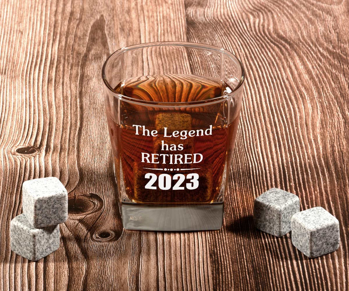 2023 Retirement Gifts for Men, Funny 2023 The Legend Has Retired Whiskey Glass and Stone Gift Set, Happy Retirement Gifts for Office Coworkers, Boss, Husband, Dad, Brother, Friends 12OZ