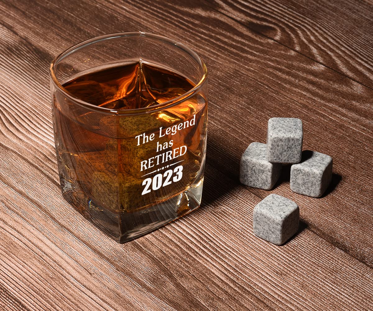 2023 Retirement Gifts for Men, Funny 2023 The Legend Has Retired Whiskey Glass and Stone Gift Set, Happy Retirement Gifts for Office Coworkers, Boss, Husband, Dad, Brother, Friends 12OZ