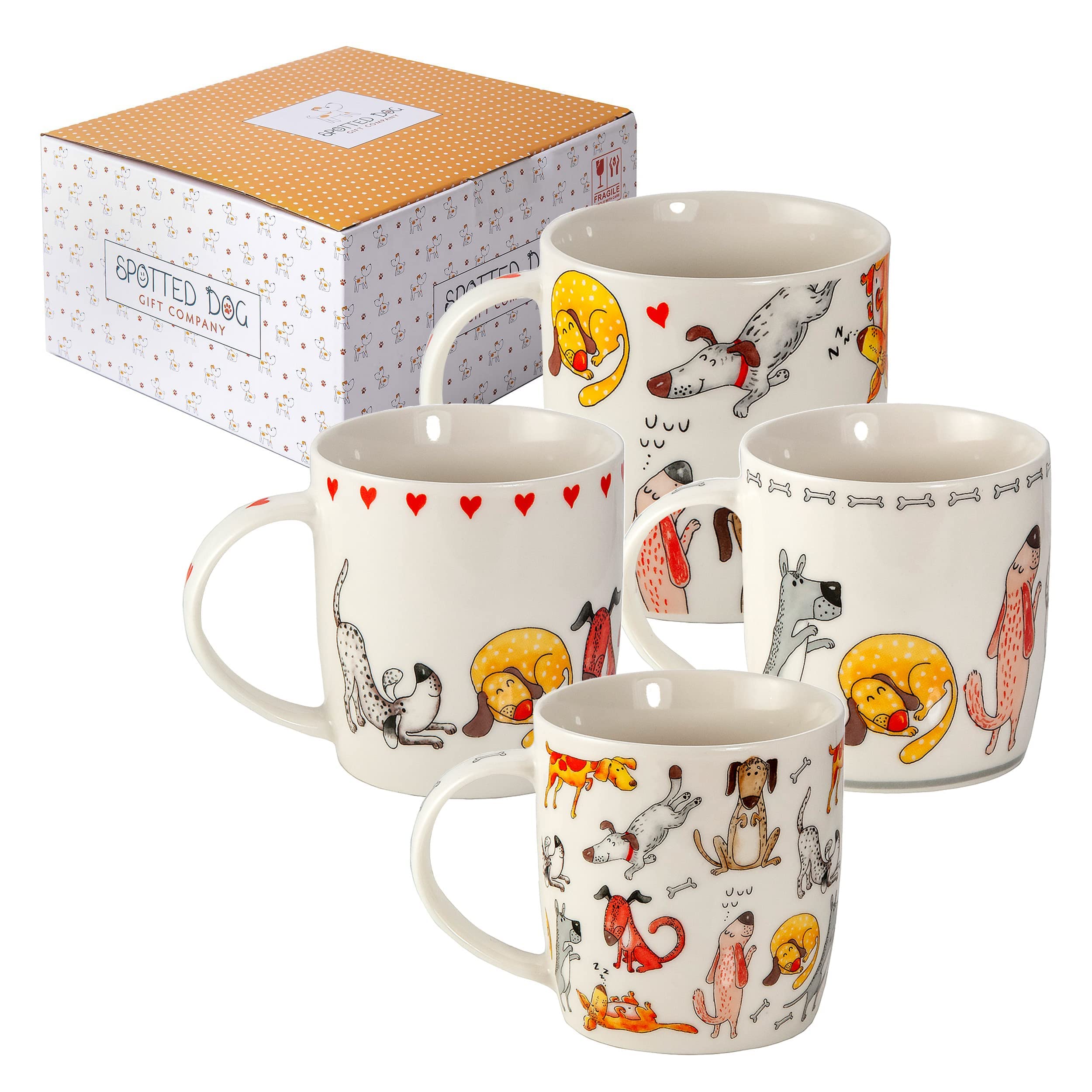 SPOTTED DOG GIFT COMPANY Dog Coffee Mug Set, Cute Mugs 12 oz Ceramic Porcelain China Coffee Tea Cups, Funny Dogs Themed Gifts for Dog Lovers and Animal Lovers Women Men, Set of 4