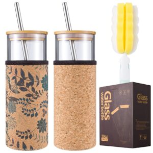 20oz glass tumbler with bamboo lid and straw, wide mouth water tumbler with protective sleeve, drinking cups, drinking jars, claplante iced coffee cup, spill proof glass water bottle, glass cup