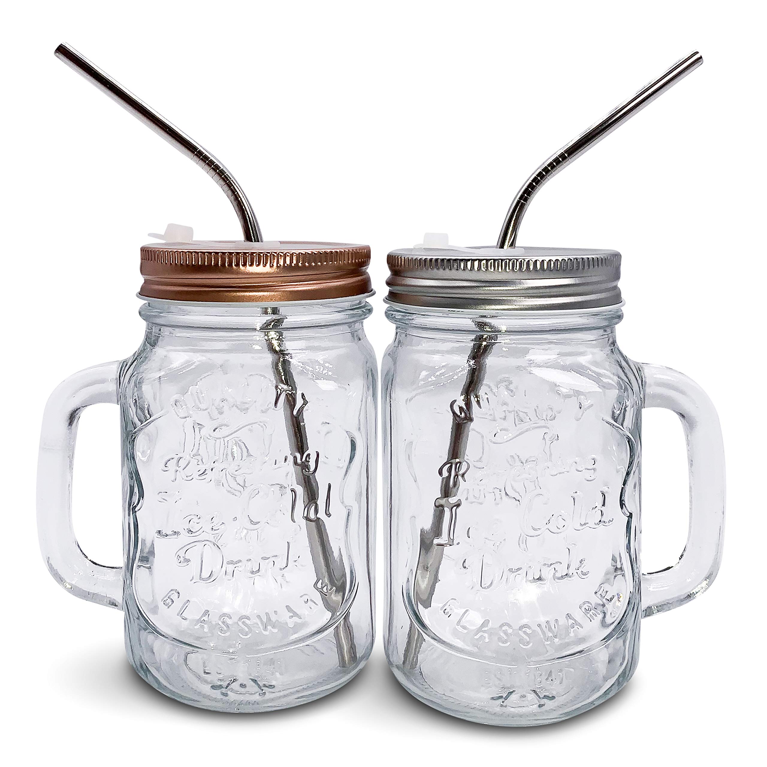 Mason Jar Mugs with Handle, Regular Mouth Colorful Lids with 2 Reusable Stainless Steel Straw, Set of 2 (Silver and Rose Gold), Kitchen GLASS 16 oz Jars,"Refreshing Ice Cold Drink" & Dishwasher Safe