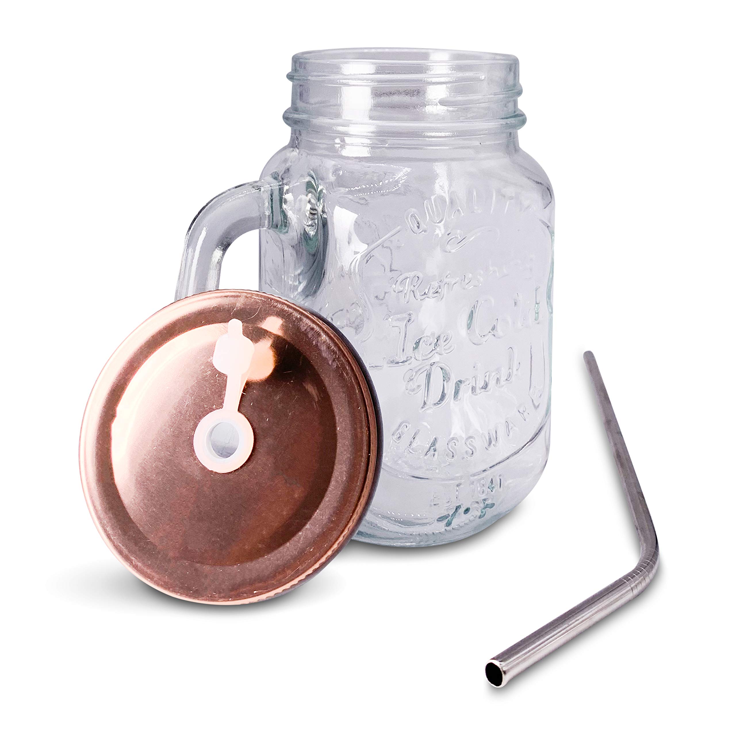 Mason Jar Mugs with Handle, Regular Mouth Colorful Lids with 2 Reusable Stainless Steel Straw, Set of 2 (Silver and Rose Gold), Kitchen GLASS 16 oz Jars,"Refreshing Ice Cold Drink" & Dishwasher Safe