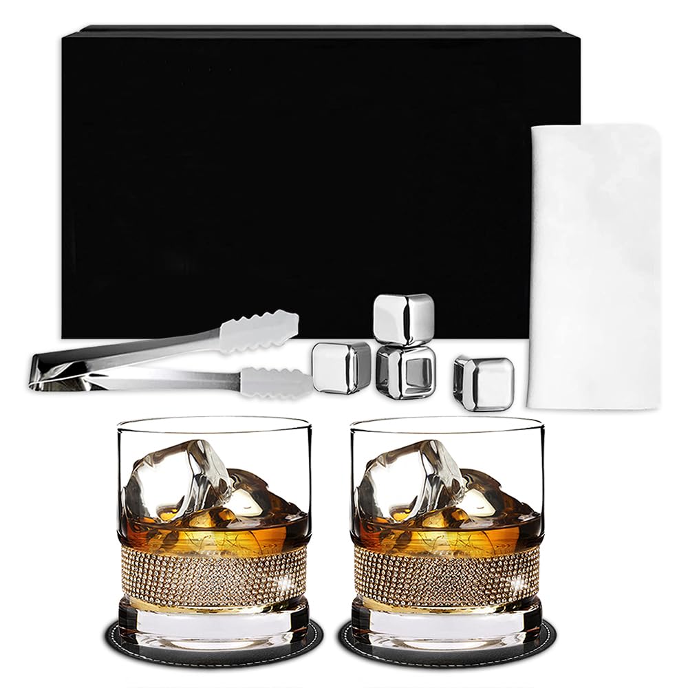 Handmglass Set of 2 Gold Whiskey Glass Gift Sets box for Mom Women Couples Groom Newlywed Mr Mrs and More & Perfect Bar Accessories for Drinking Bourbon Irish Cocktail Cognac Scotch (Clear)