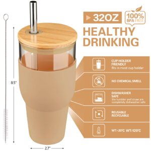 kytffu 32oz Glass Tumbler with Straw and Lid, Reusable Boba Smoothie Cup Iced Coffee Tumbler with Silicone Sleeve, Fits Cup Holder Glass Water Bottle BPA Free, Olive + Amber