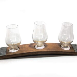 Barrel-Art Barrel Stave Premium 3 Glass Whiskey Flight Serving Tray with Glencairn Glasses, Dark Walnut