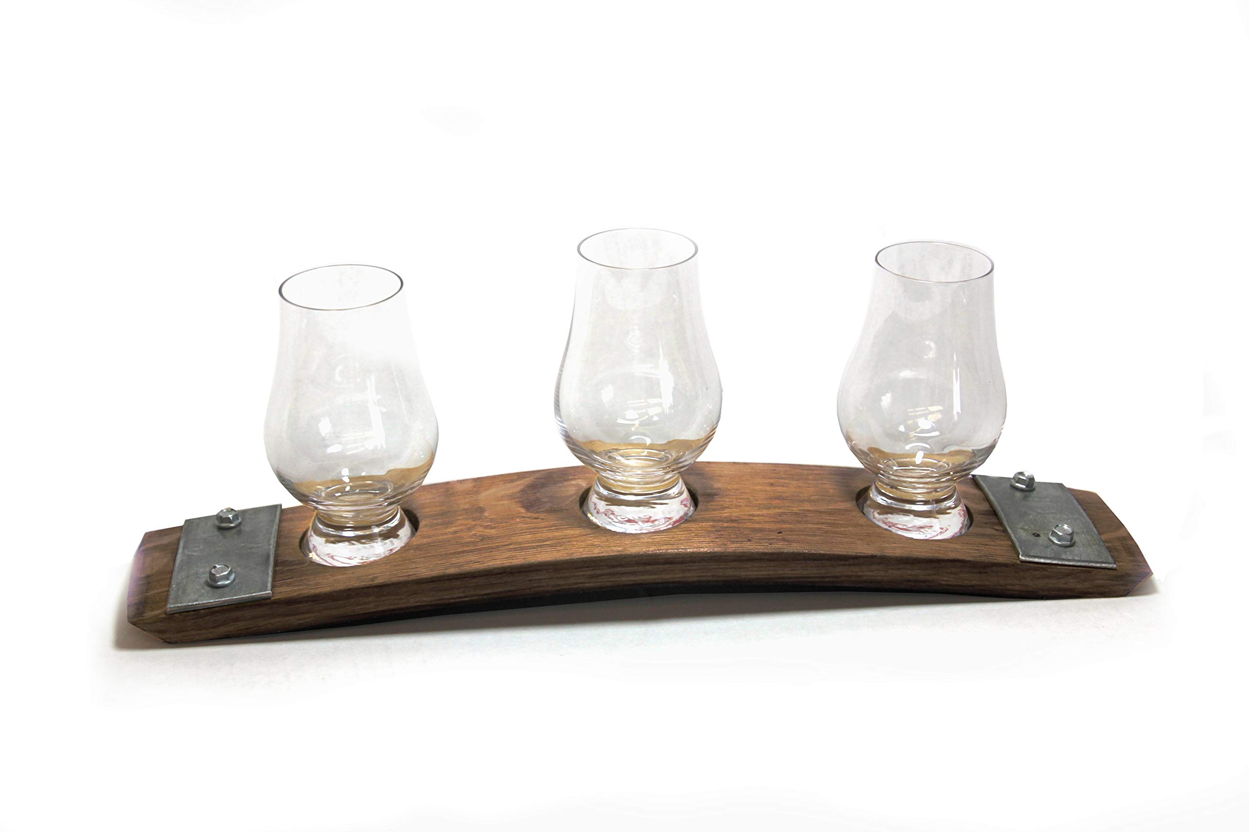 Barrel-Art Barrel Stave Premium 3 Glass Whiskey Flight Serving Tray with Glencairn Glasses, Dark Walnut