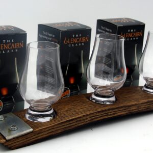 Barrel-Art Barrel Stave Premium 3 Glass Whiskey Flight Serving Tray with Glencairn Glasses, Dark Walnut