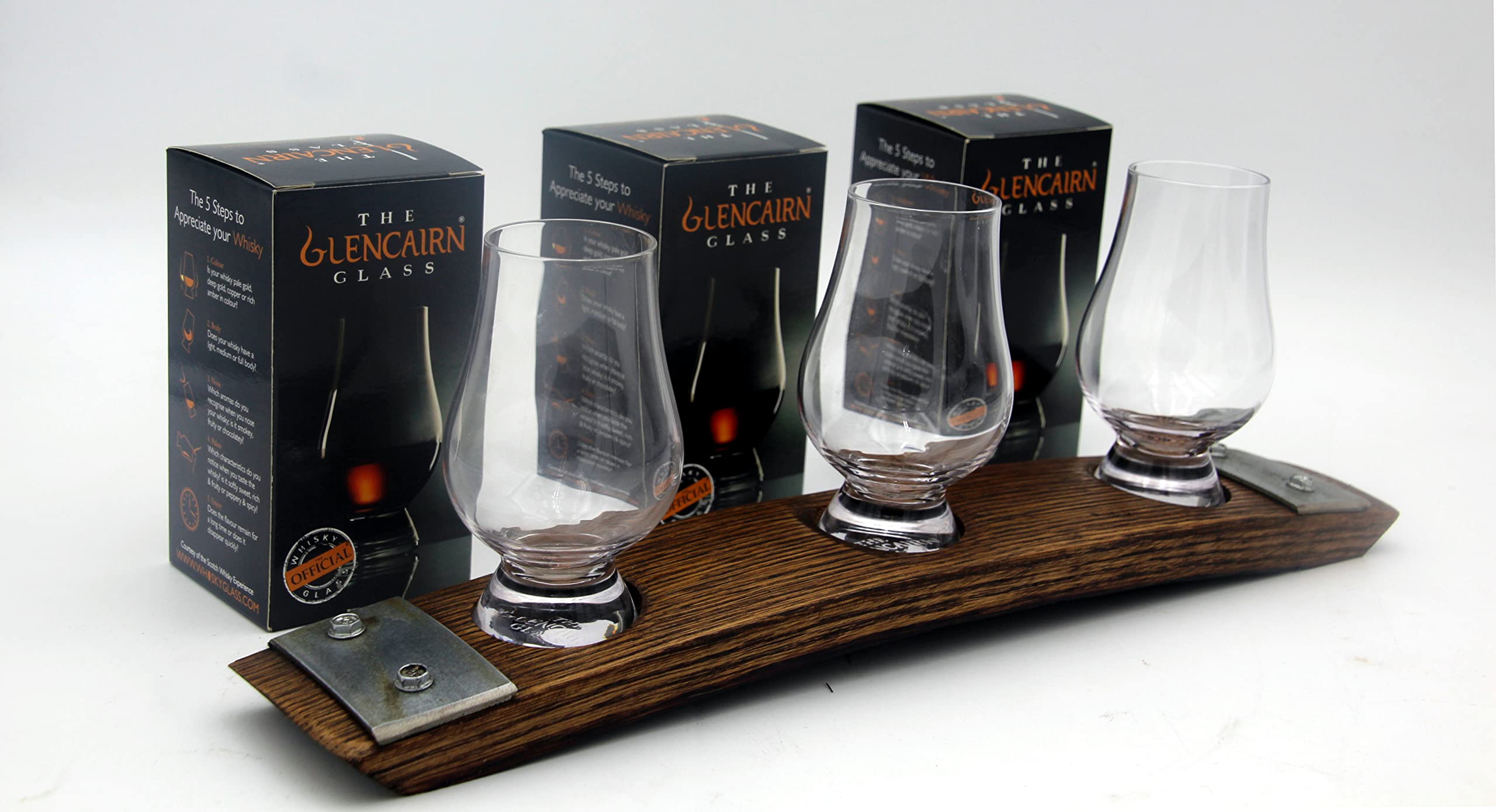 Barrel-Art Barrel Stave Premium 3 Glass Whiskey Flight Serving Tray with Glencairn Glasses, Dark Walnut