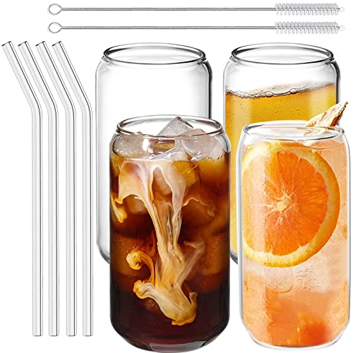 SNDUUrainbow Drinking Glass cups with Glass Straws 4 Pack Set,16 oz Can Shaped Glass Cups,Glass Beer,Iced Coffee Glasses with Lids,Tumbler Cup,Juicing, Cocktail,Whiskey-2 Cleaning Brushes