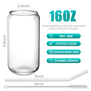 SNDUUrainbow Drinking Glass cups with Glass Straws 4 Pack Set,16 oz Can Shaped Glass Cups,Glass Beer,Iced Coffee Glasses with Lids,Tumbler Cup,Juicing, Cocktail,Whiskey-2 Cleaning Brushes