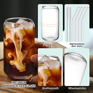 SNDUUrainbow Drinking Glass cups with Glass Straws 4 Pack Set,16 oz Can Shaped Glass Cups,Glass Beer,Iced Coffee Glasses with Lids,Tumbler Cup,Juicing, Cocktail,Whiskey-2 Cleaning Brushes