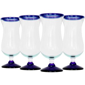 amici home blue rim hurricane glass | set of 4 | authentic mexican handmade glassware | bar glasses for pina coladas, cocktails, and other beverages | 16 oz