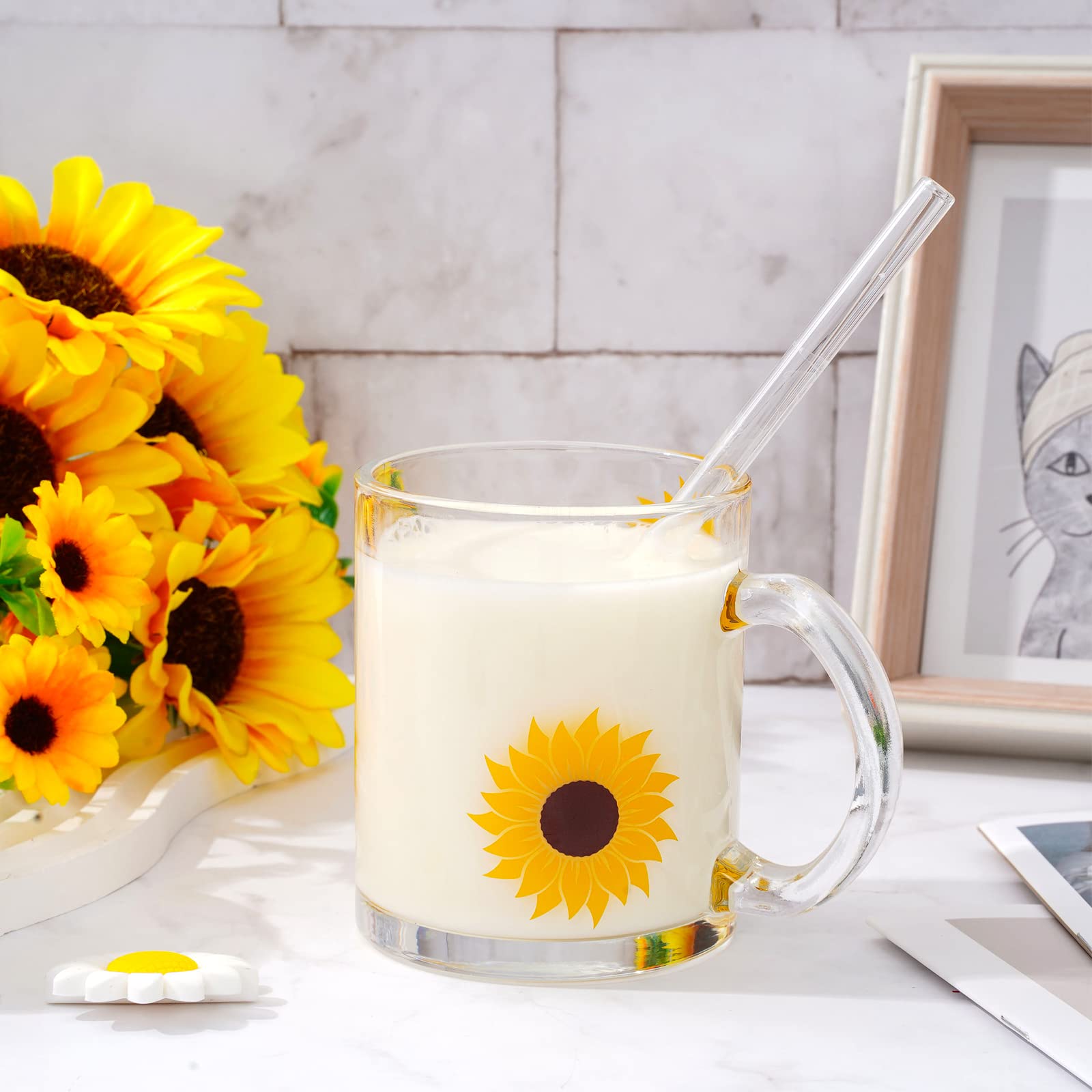 Whaline Sunflower Glass Coffee Mugs with Handle Summer Sunflower Clear Coffee Mug Cups Boho Drinking Glasses Beverage Mugs for Iced Coffee Soda Cocktail Whiskey Tea Water Wine, 12oz