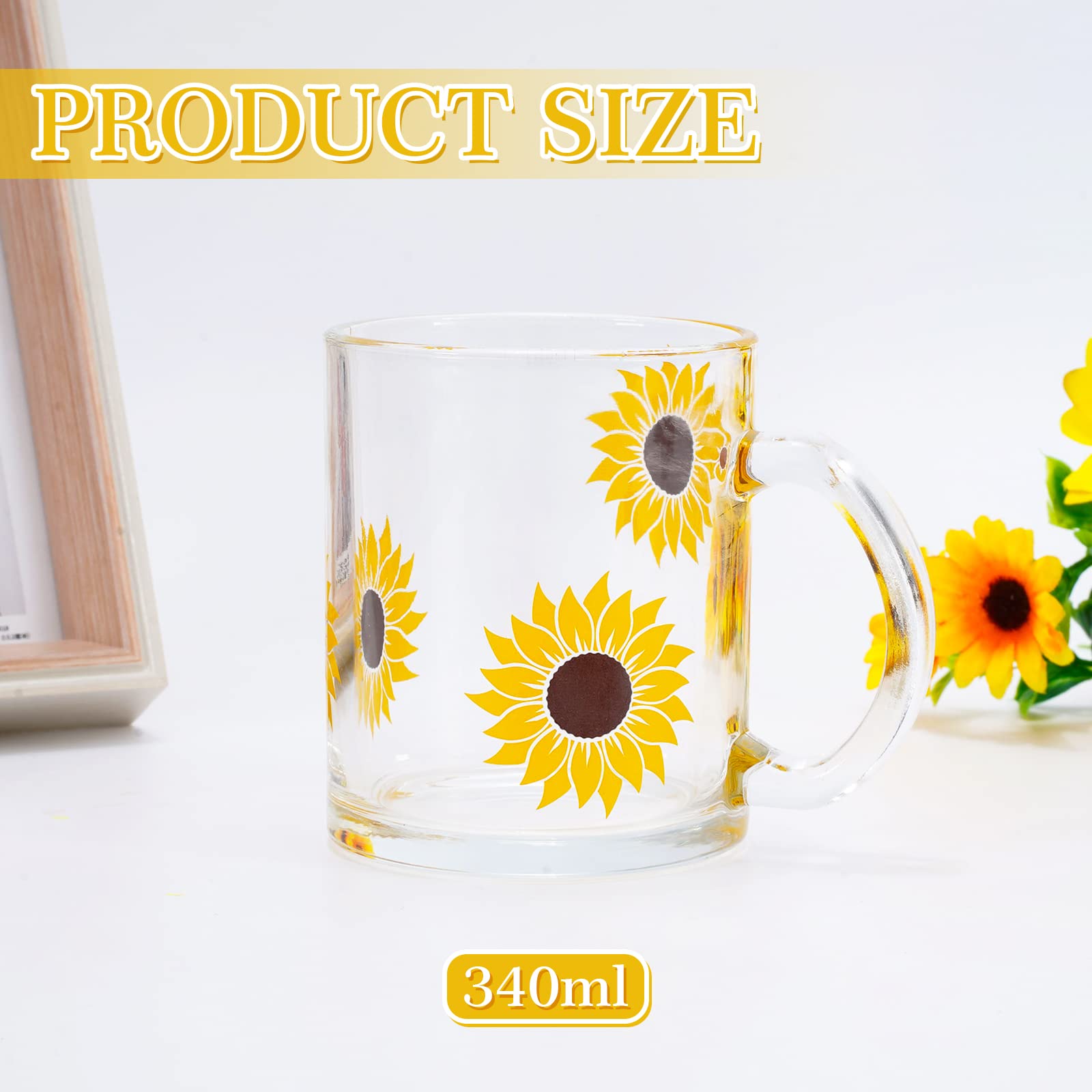 Whaline Sunflower Glass Coffee Mugs with Handle Summer Sunflower Clear Coffee Mug Cups Boho Drinking Glasses Beverage Mugs for Iced Coffee Soda Cocktail Whiskey Tea Water Wine, 12oz