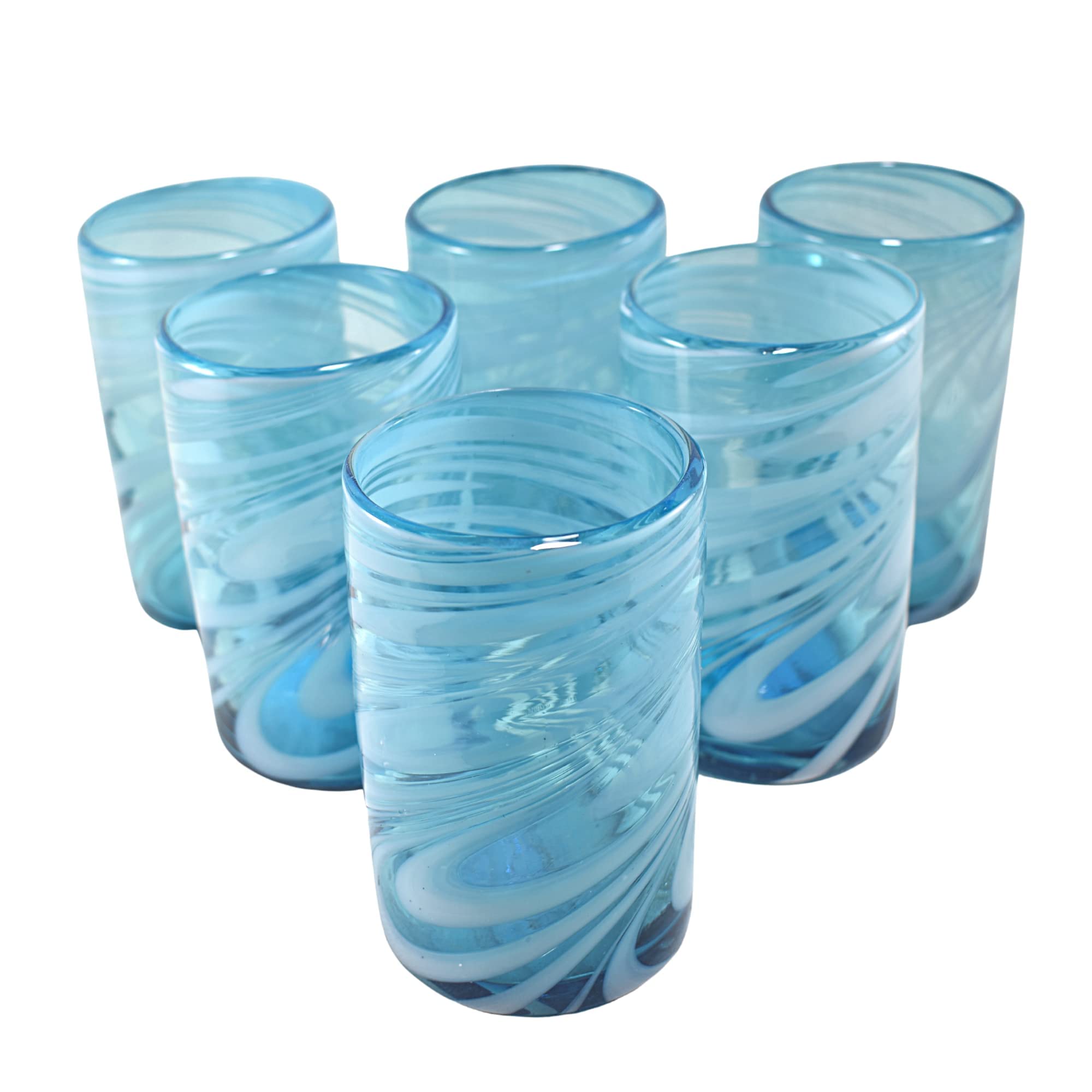 Hand Blown Drinking Glasses Artisan Crafted from Mexico Set of 6 pieces (Poseidon, Water 16 Oz.)