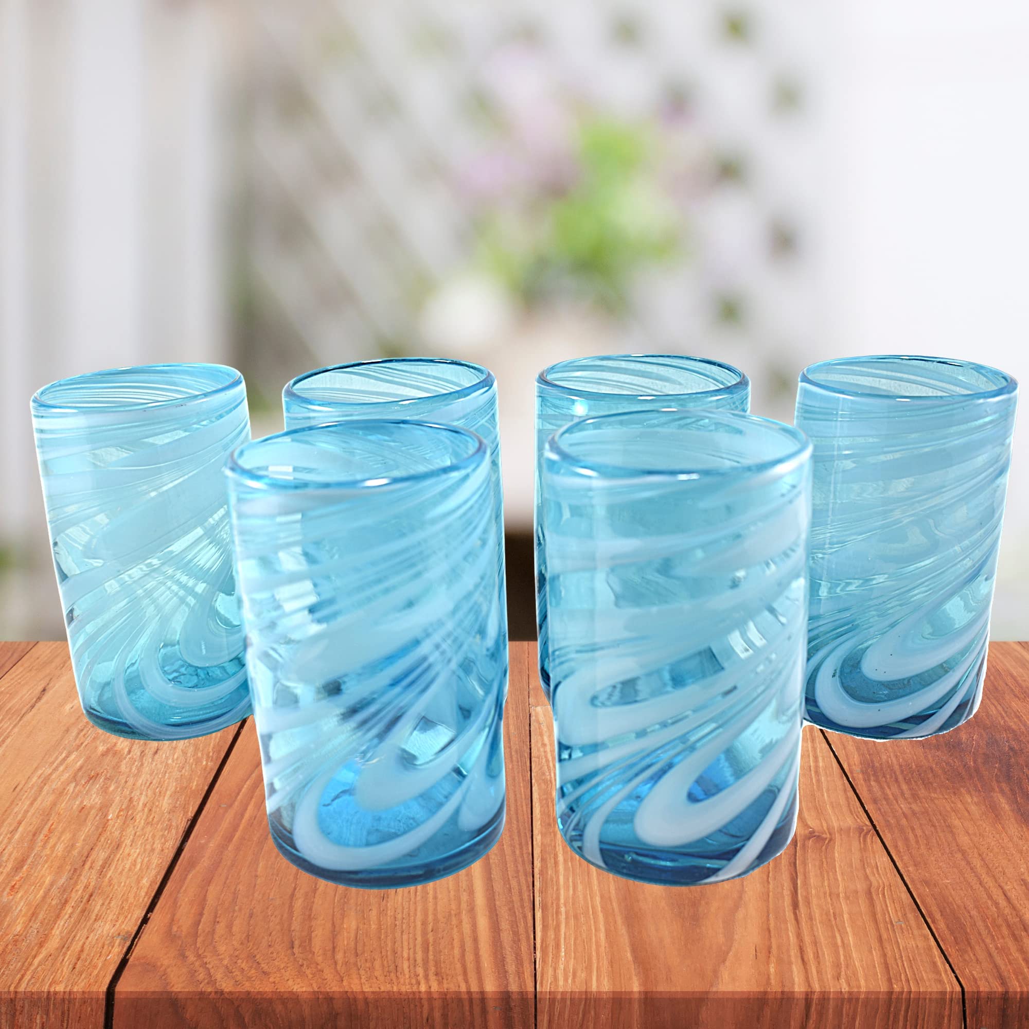 Hand Blown Drinking Glasses Artisan Crafted from Mexico Set of 6 pieces (Poseidon, Water 16 Oz.)