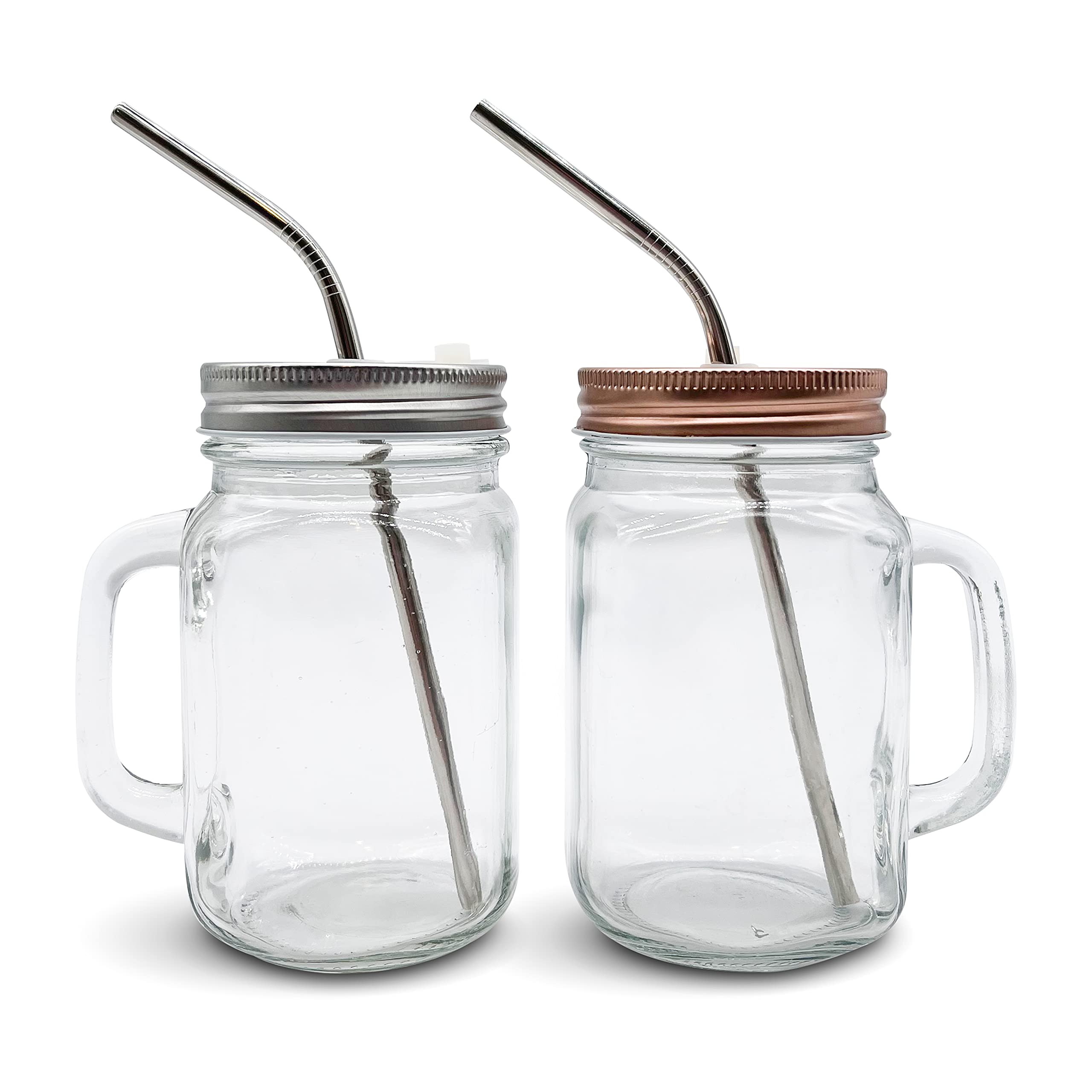 Home Suave 20oz Mason Jar Mugs with Handle Set of 2, Regular Mouth, Rose Gold Lids with Reusable Stainless Steel Straw, Kitchen GLASS 20 oz Jars