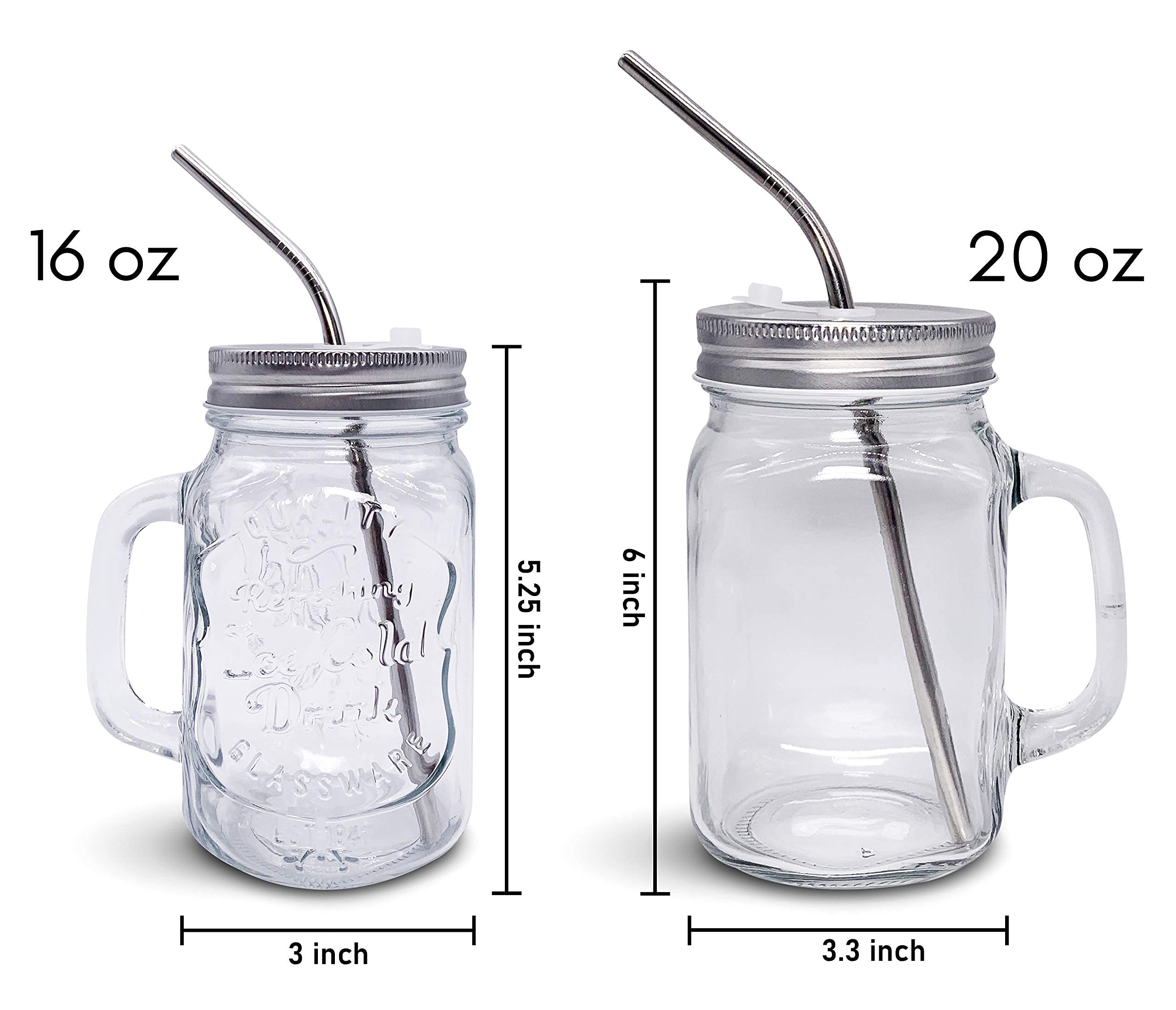 Home Suave 20oz Mason Jar Mugs with Handle Set of 2, Regular Mouth, Rose Gold Lids with Reusable Stainless Steel Straw, Kitchen GLASS 20 oz Jars