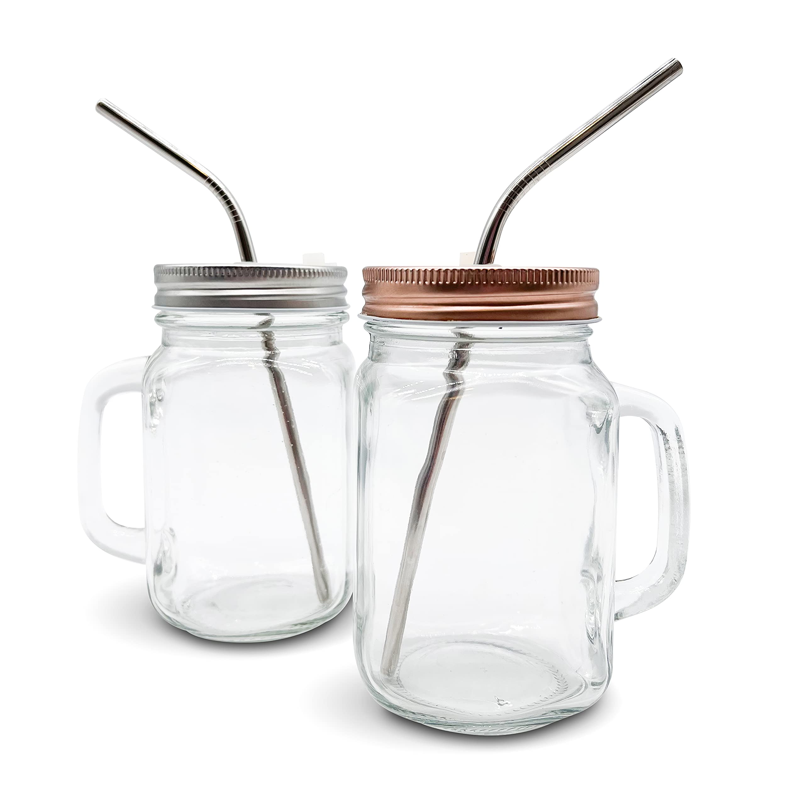 Home Suave 20oz Mason Jar Mugs with Handle Set of 2, Regular Mouth, Rose Gold Lids with Reusable Stainless Steel Straw, Kitchen GLASS 20 oz Jars