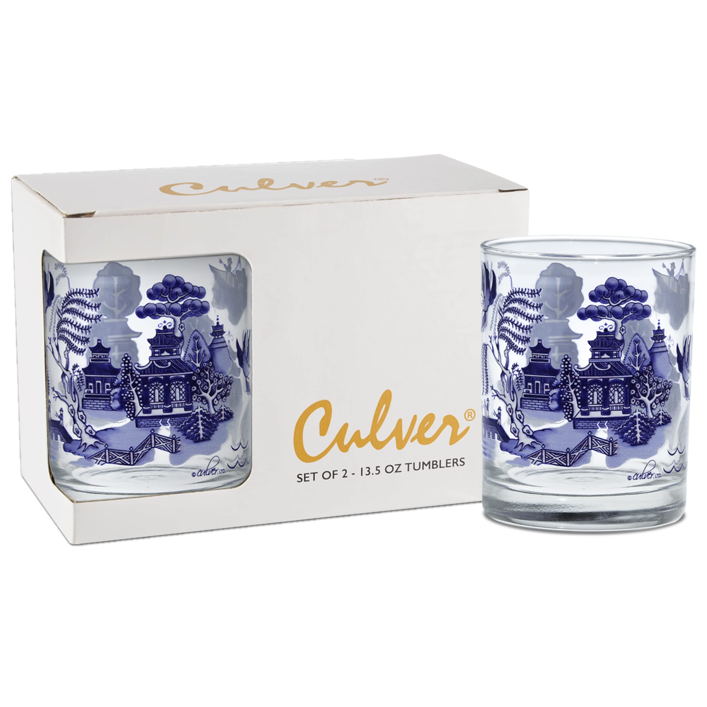 Culver Blue Willow DOF Double Old-Fashioned Glasses, 13.5-Ounce, Gift Boxed Set of 2