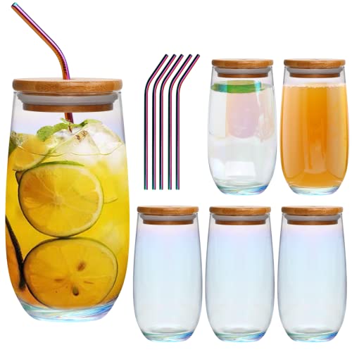 Ufrount Highball Glasses Set of 6,Tall Drinking Glass Cups with Lids and Straws,16 OZ Iridescent Glassware Water Glass Tumblers for Cocktail,Juice, Whiskey,Beer,Soda