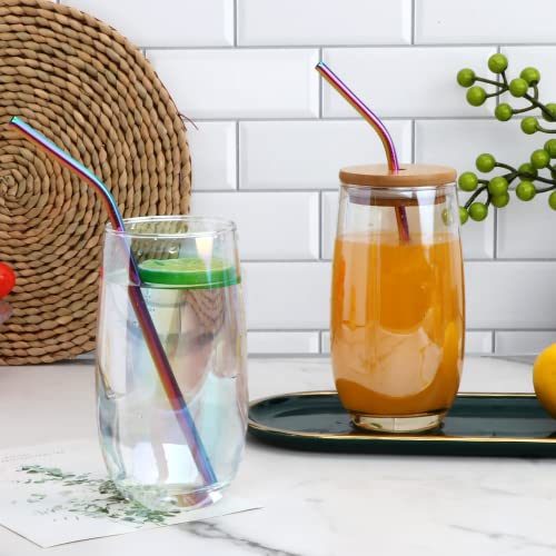 Ufrount Highball Glasses Set of 6,Tall Drinking Glass Cups with Lids and Straws,16 OZ Iridescent Glassware Water Glass Tumblers for Cocktail,Juice, Whiskey,Beer,Soda