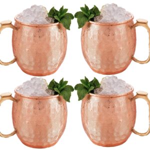 Moscow Mule Mugs | Thumb Rest Gold Brass Handles | Large Size 19 ounces | Set of 4 Hammered Cups | Stainless Steel Lining | Pure Copper Plating | Gift Set