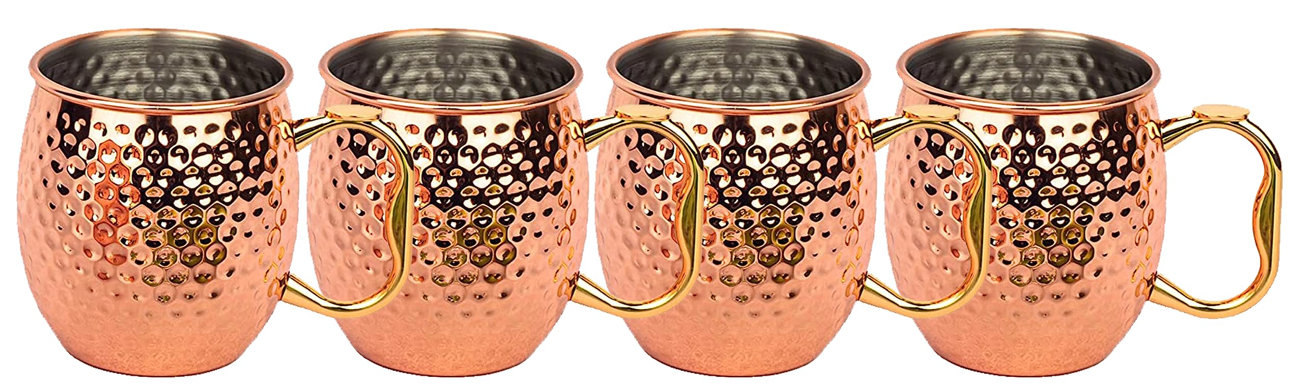 Moscow Mule Mugs | Thumb Rest Gold Brass Handles | Large Size 19 ounces | Set of 4 Hammered Cups | Stainless Steel Lining | Pure Copper Plating | Gift Set