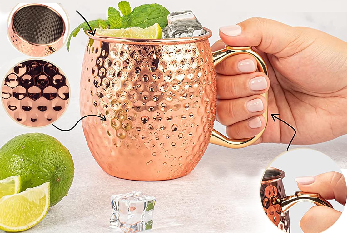 Moscow Mule Mugs | Thumb Rest Gold Brass Handles | Large Size 19 ounces | Set of 4 Hammered Cups | Stainless Steel Lining | Pure Copper Plating | Gift Set