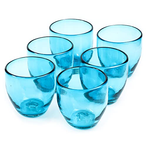 Handmade con Amor - Hand Blown Mexican Drinking Glasses - Set of 6, 9 fl oz each, Aquamarine Turquoise