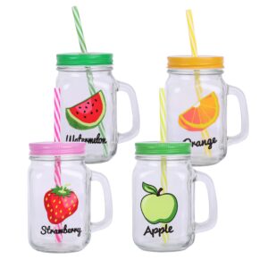 mason jar drinking glasses 15oz/450ml with lid & straw printed fruit - set of 4