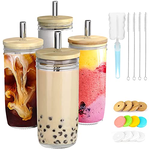 Glass Cups Set（ 4 Pack） - 24oz Mason Jar with Lid and Straw Reusable Iced Coffee Cup Wide Mouth Bubble Cups, Smoothie Bobo Cup w 12 Airtight Lids Brush, Travel Glass Drinking Bottle, Juice