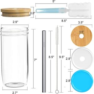 Glass Cups Set（ 4 Pack） - 24oz Mason Jar with Lid and Straw Reusable Iced Coffee Cup Wide Mouth Bubble Cups, Smoothie Bobo Cup w 12 Airtight Lids Brush, Travel Glass Drinking Bottle, Juice