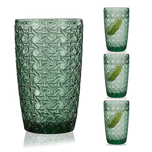 GYRUT Unique Green Drinking Glasses[Set of 4], 14oz Glass Cups for Water, Juice, and Ice Tea, Vintage Chic Glassware, Lead-free Crystal Highball Tumbler, Dishwasher Safety