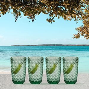 GYRUT Unique Green Drinking Glasses[Set of 4], 14oz Glass Cups for Water, Juice, and Ice Tea, Vintage Chic Glassware, Lead-free Crystal Highball Tumbler, Dishwasher Safety