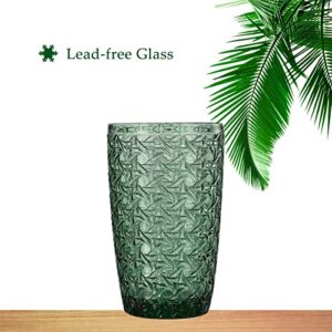 GYRUT Unique Green Drinking Glasses[Set of 4], 14oz Glass Cups for Water, Juice, and Ice Tea, Vintage Chic Glassware, Lead-free Crystal Highball Tumbler, Dishwasher Safety